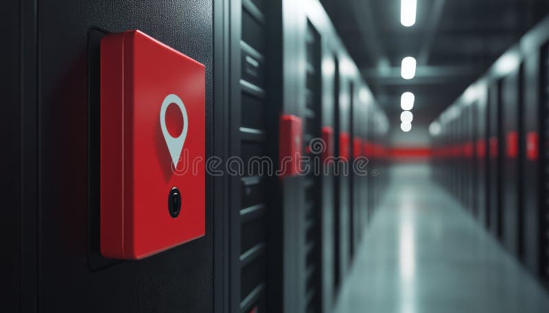 Modern Data Center Corridor with Red Security Features and Storage ...