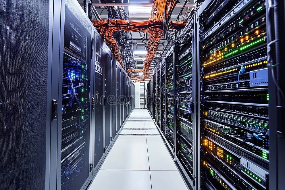 Hallway of Data Servers with Complex Cabling for Secure Cloud ...