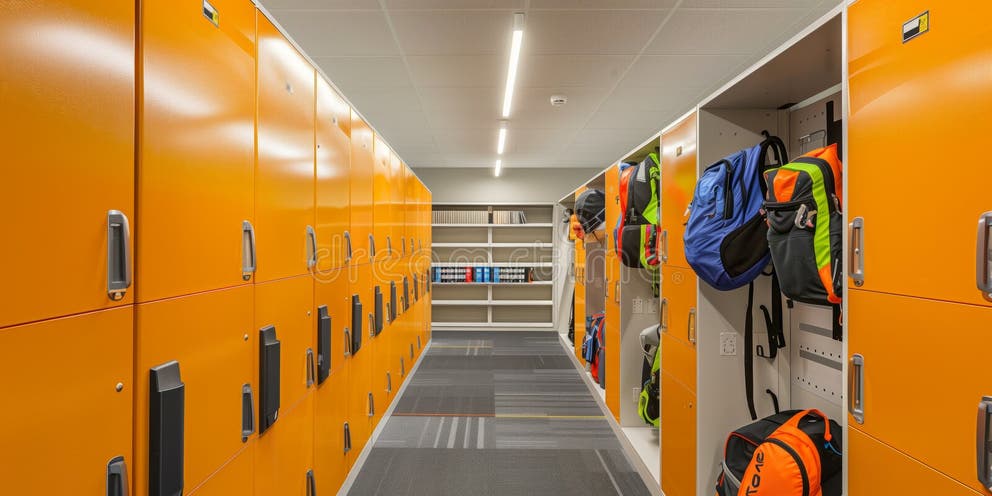 Hallway of an Educational Institution with Orange Lockers for Storage Stock Illustration ...