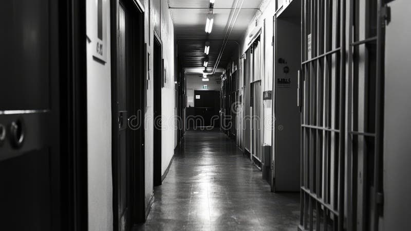 Hallway of Empty Prison in Grayscale. Symbolizes Confinement and ...