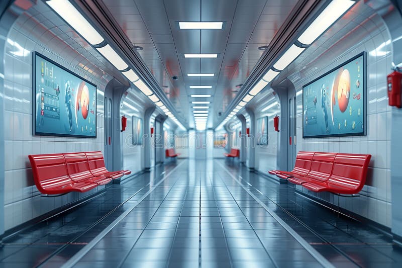 A Hallway Featuring Red Benches and a Prominent Picture on the Wall ...