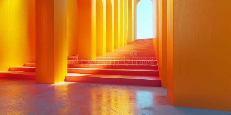 Hallway Featuring Yellow Columns and Red Steps Stock Illustration ...