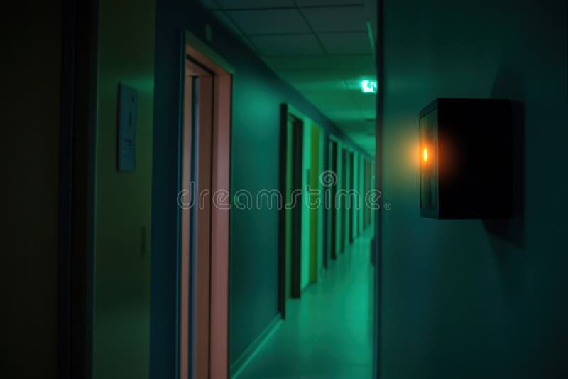 Hallway Illuminated by a Dim Orange Light with Green Walls in a Modern ...