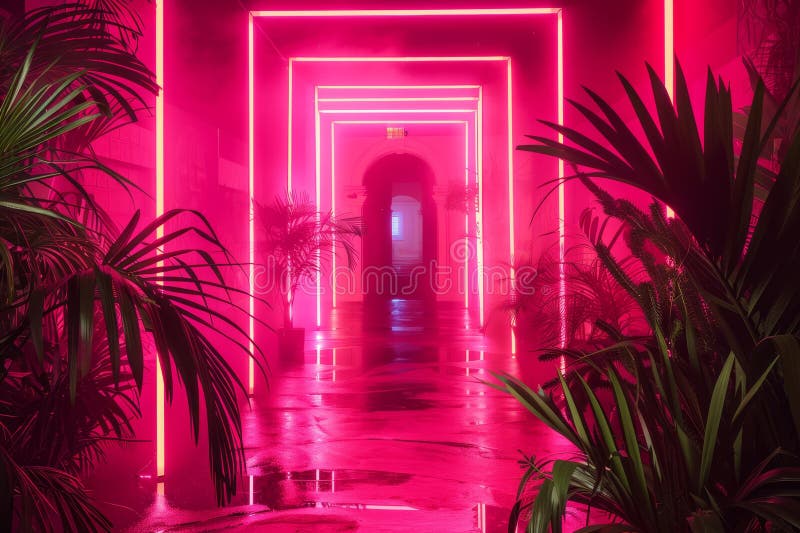 A Hallway Illuminated by Pink Neon Lights with Potted Plants Lining the ...