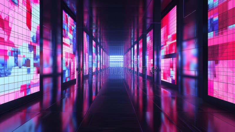 A Hallway Lined with Screens that Display Constantly Changing Digital ...