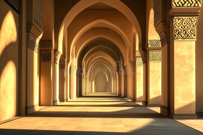 A Long Hallway with Arched Pillars and a Sun Shining through the ...