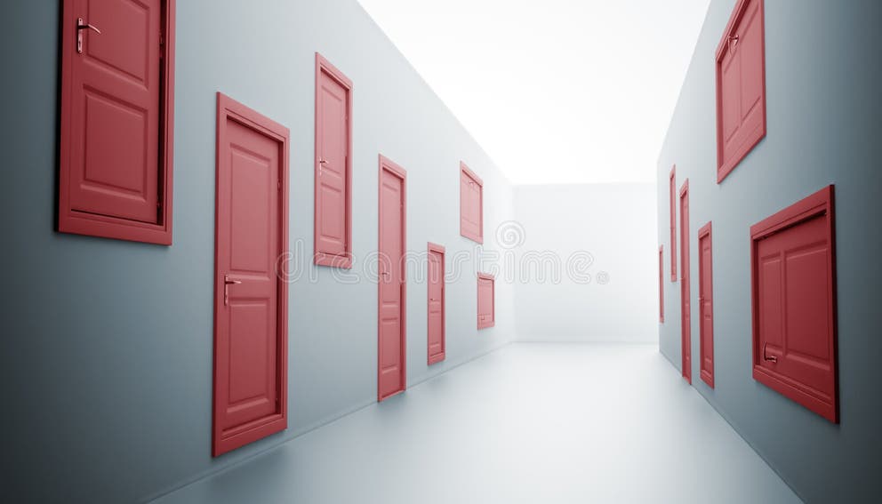 Hallway with many doors stock illustration. Illustration of concept ...