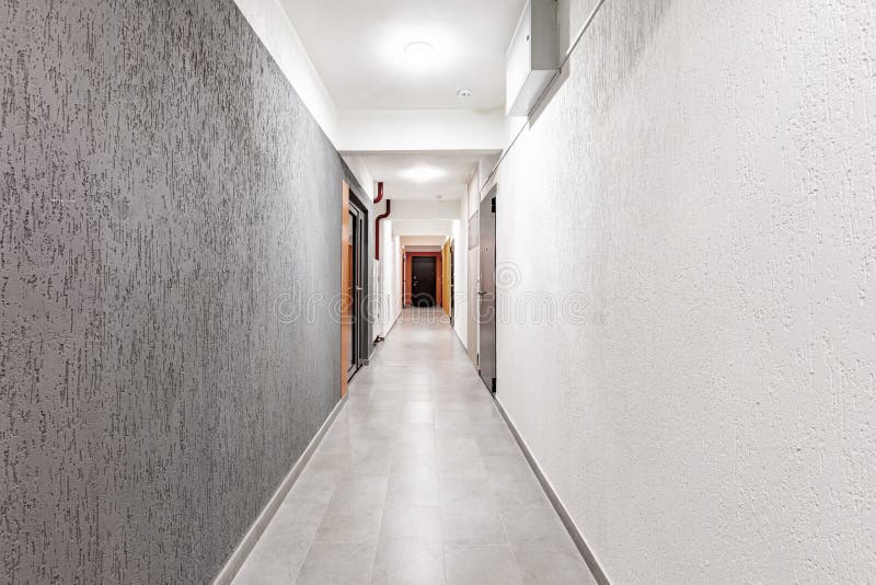 Hallway with Many Doors. Perspective Wide Angle. Nobody Inside. Stock ...