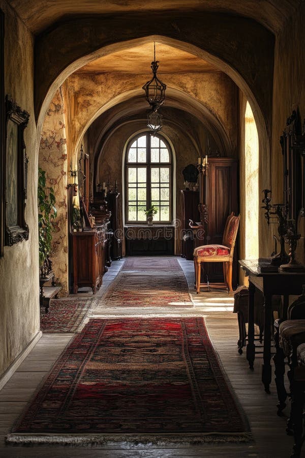 Hallway with Red Rug and Chandelier Stock Image - Image of style, home ...