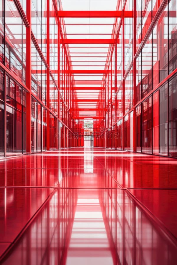 Hallway with Red Walls and Glass Windows Stock Image - Image of ...