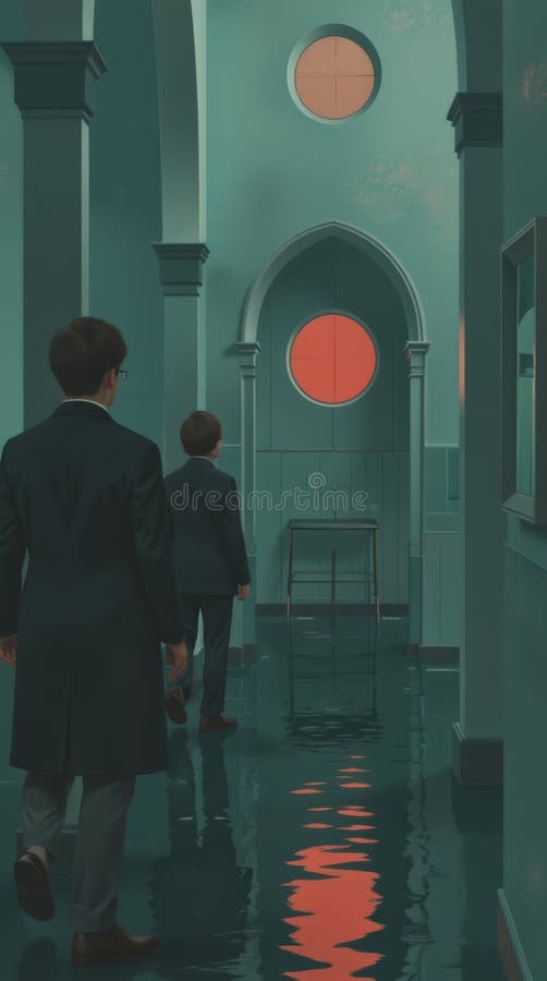 Hallway Reflections: Two Figures Walking Down a Teal Corridor, Circular ...