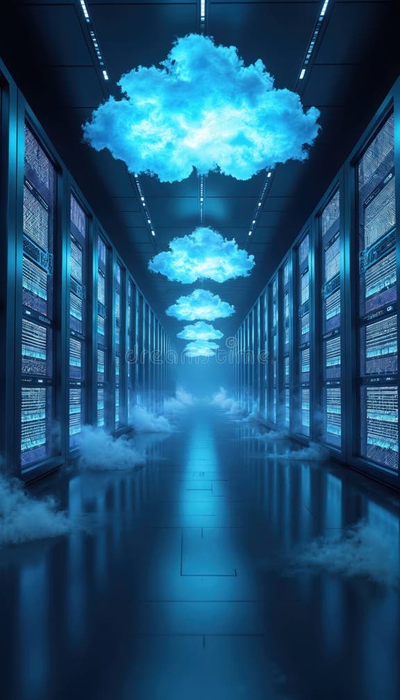 Hallway with Server Racks, Glowing Blue Clouds Cloud Computing Network. Conceptual ...