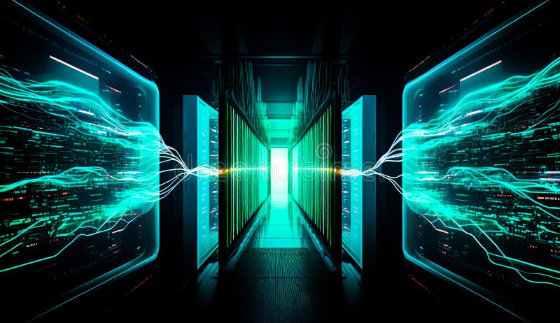 Hallway in Server Room with Bright Light at the End of it. Generative ...