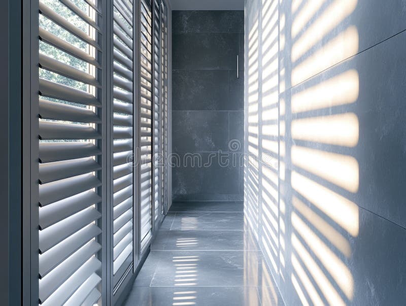Hallway with Shutters and Tiled Floor Stock Image - Image of shutter ...