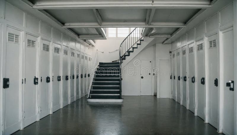 A Hallway with a Staircase Leading To an Upper Level, Flanked by Rows ...