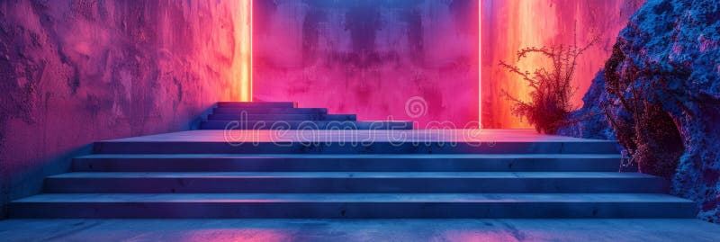 A Hallway with Stairs in the Background, Illuminated by Vibrant Neon ...
