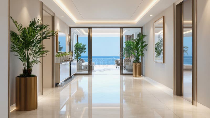 Hallway with Stunning Sea View in a Modern Coastal Setting Stock Photo ...