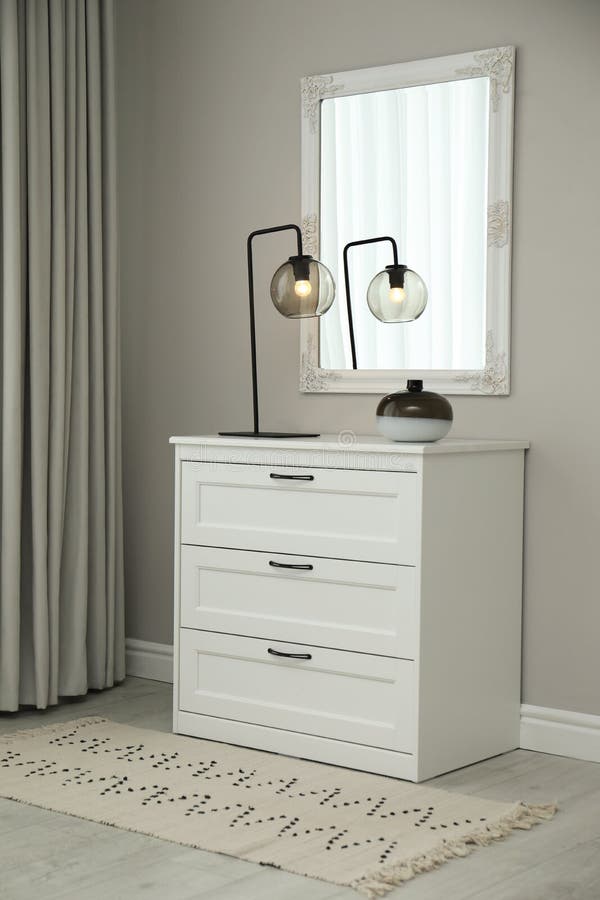 Hallway with Stylish Chest of Drawers and Mirror. Interior Design Stock ...