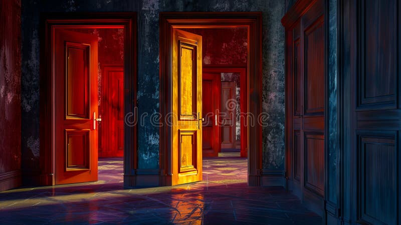 A Hallway with Three Open Doors in a Dark Room Stock Photo - Image of ...