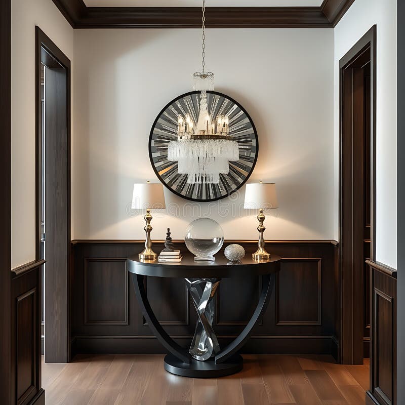 A Hallway with a Unique Round Console Table Crystal Decor and Dark Wood ...