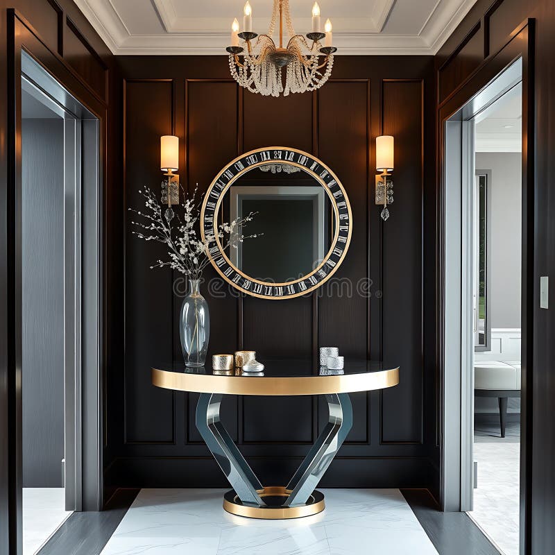 A Hallway with a Unique Round Console Table Crystal Decor and Dark Wood ...