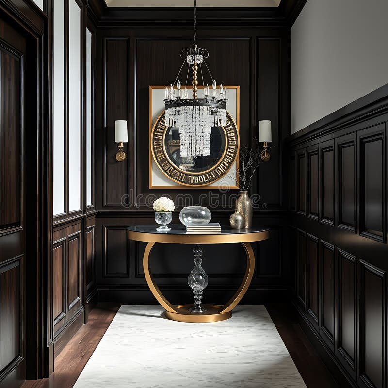 A Hallway with a Unique Round Console Table Crystal Decor and Dark Wood ...
