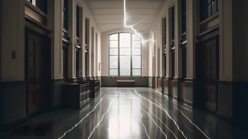 A Hallway in a University Building with a Large Window at Created with ...
