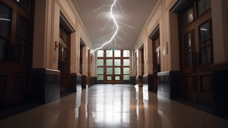 A Hallway in a University Building with a Large Window at Three Created ...