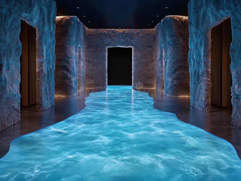 Hallway with Water Feature and Rock Walls. Stock Illustration ...