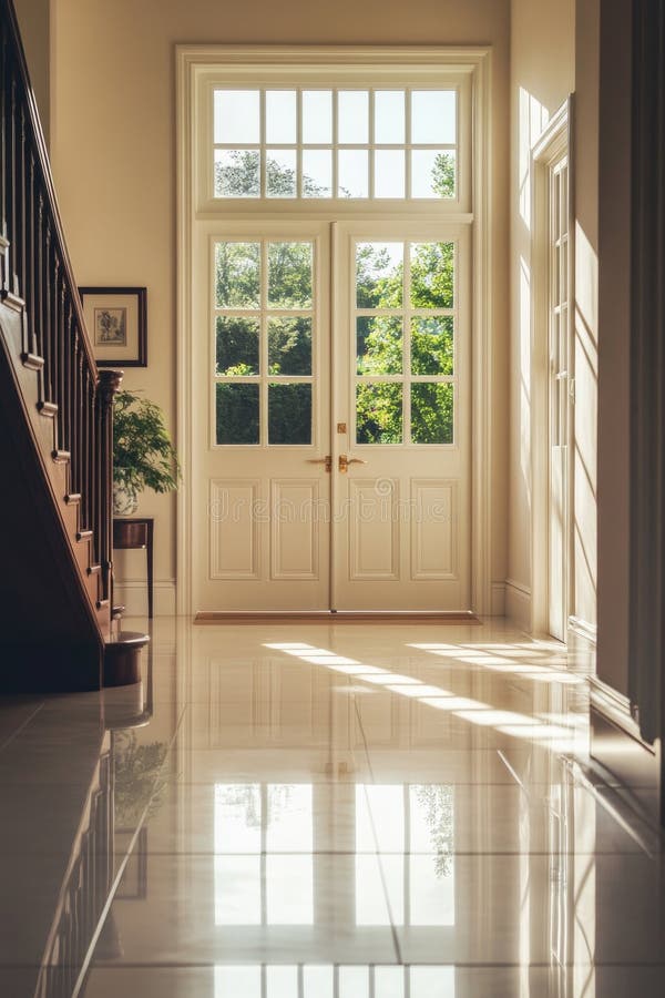 Hallway with White Door and Window Stock Image - Image of hallway ...