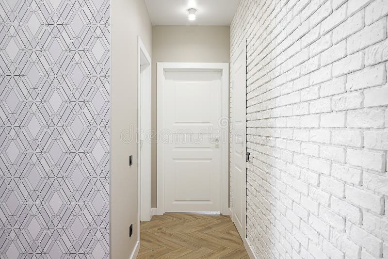 Hallway with White Interior Doors in the Interior Stock Image - Image ...