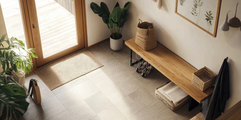 Hallway with a Wooden Bench and a Plant Stock Image - Image of light ...