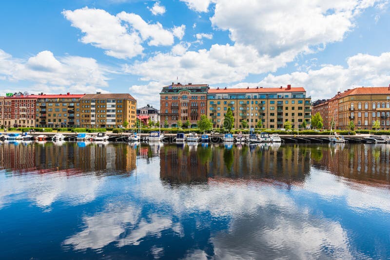 HALMSTAD, SWEDEN - Jun 10, 2020: Buildings in Front of Still Water ...