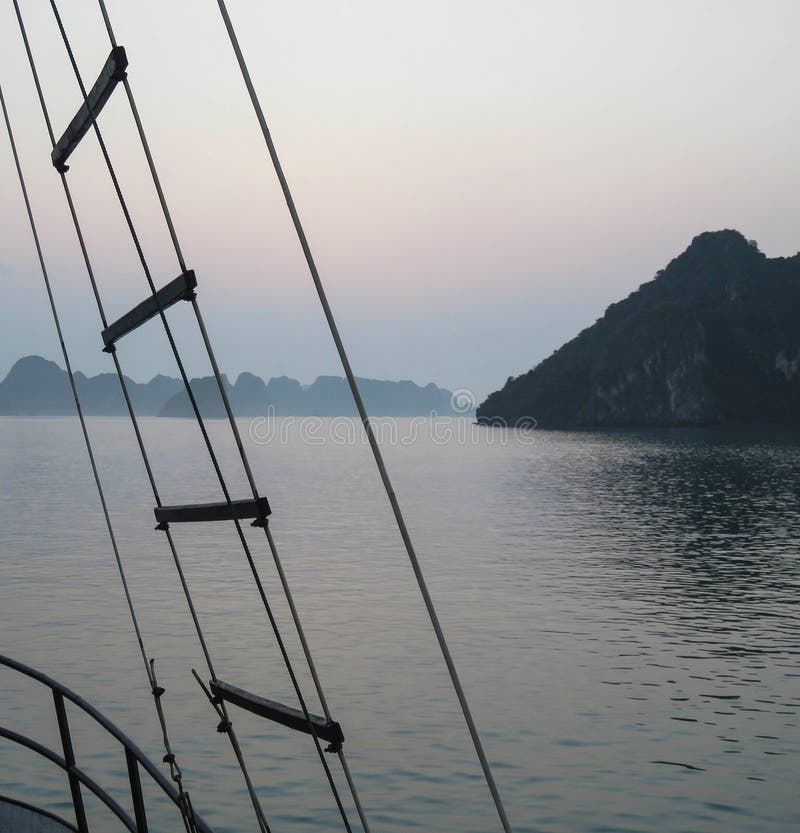 Halong Bay Vietnam Seen through Ship Railing and Mast Stock Photo ...