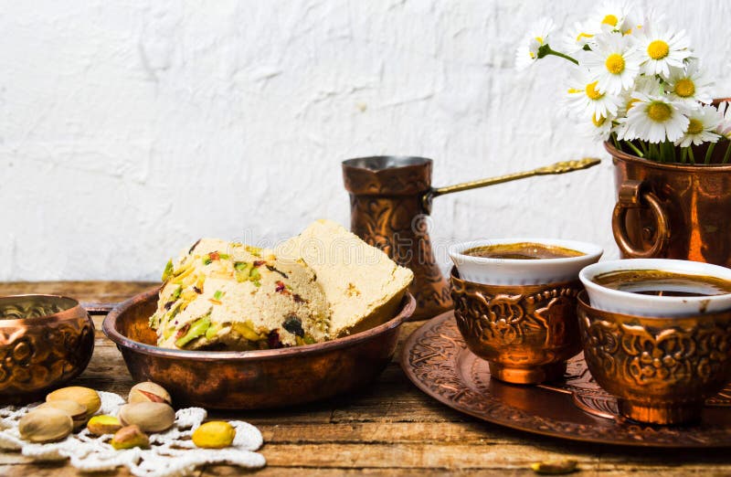 Halva with Pistachio Served with Coffee Stock Image - Image of halva ...