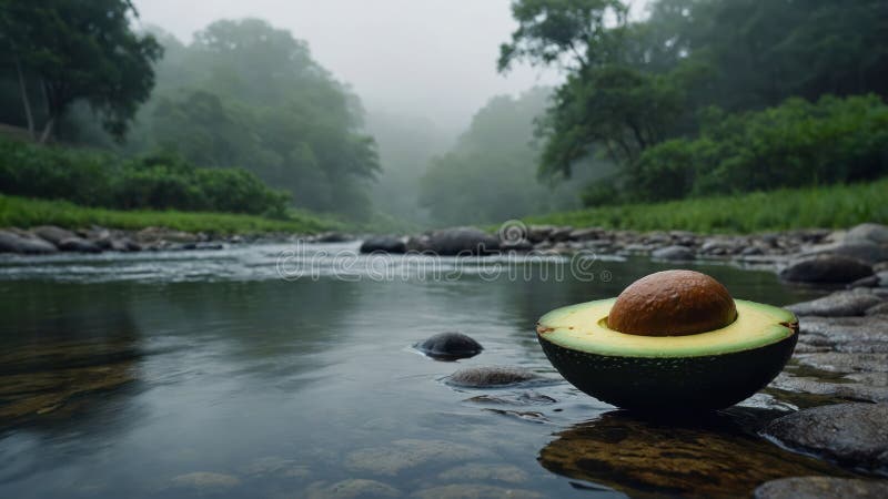 Halved Avocado by the River in Misty Forest Stock Illustration ...