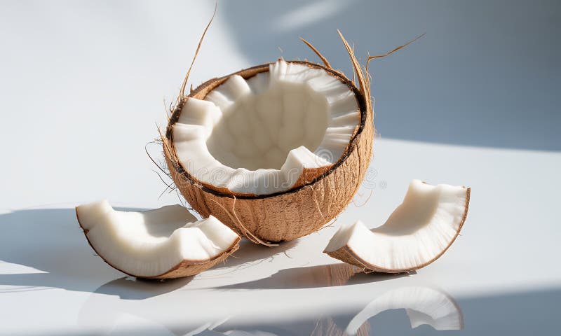 Halved Coconut with Pieces on White Background in Studio Setting ...