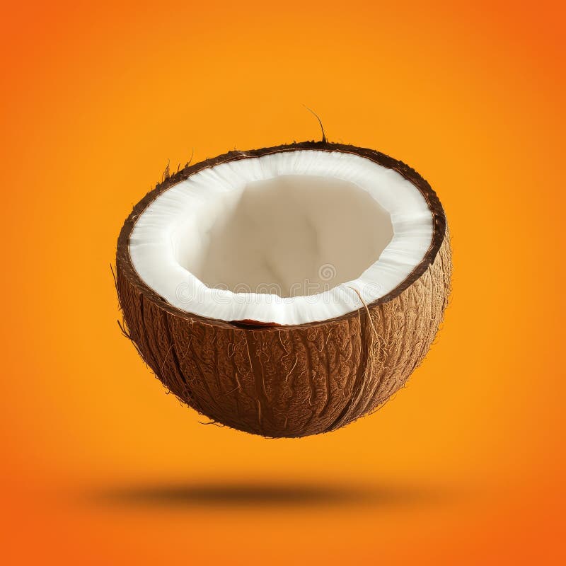 A Halved Coconut is Shown with a Brown, Fibrous Outer Shell and a ...