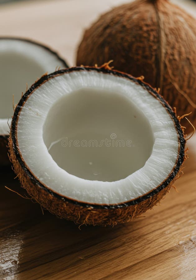 Halved Coconut with Water on Wooden Surface Stock Illustration ...