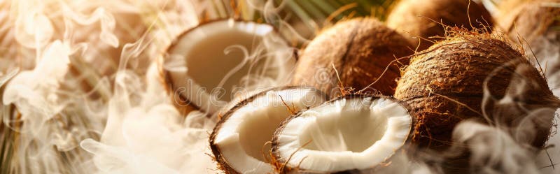 Halved Coconuts with Smoke Effect Stock Photo - Image of vibe, coconut ...