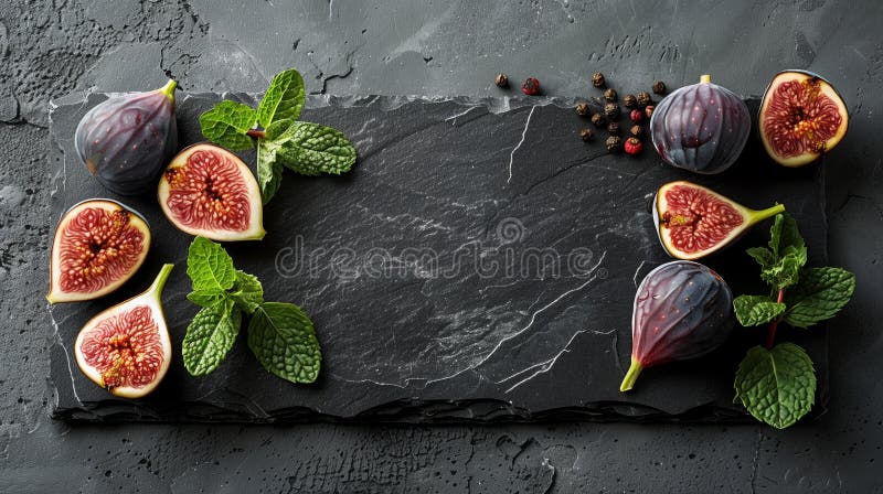 Halved Figs and Fresh Mints Elegantly Displayed on a Rustic Slate Board ...