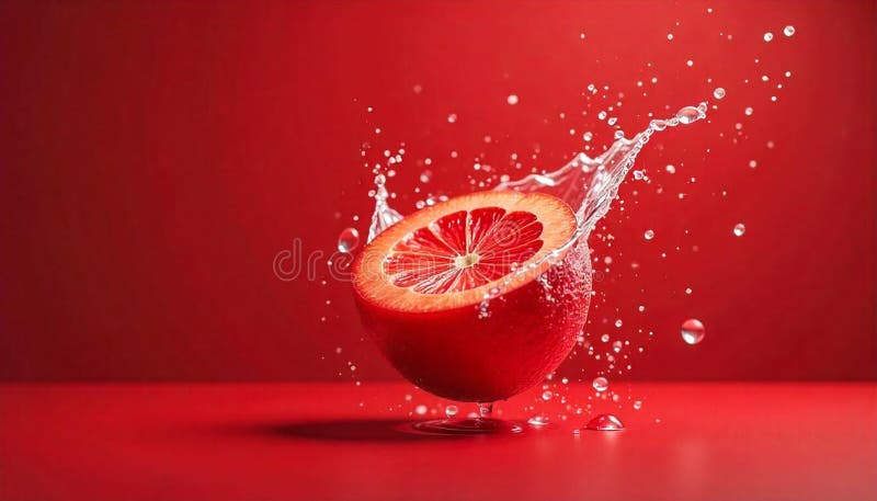 Vibrant Grapefruit Half with Water Splash on Red Background Stock ...