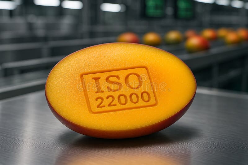 Halved Mango with ISO 22000 Certification Mark on Pulp Representing ...
