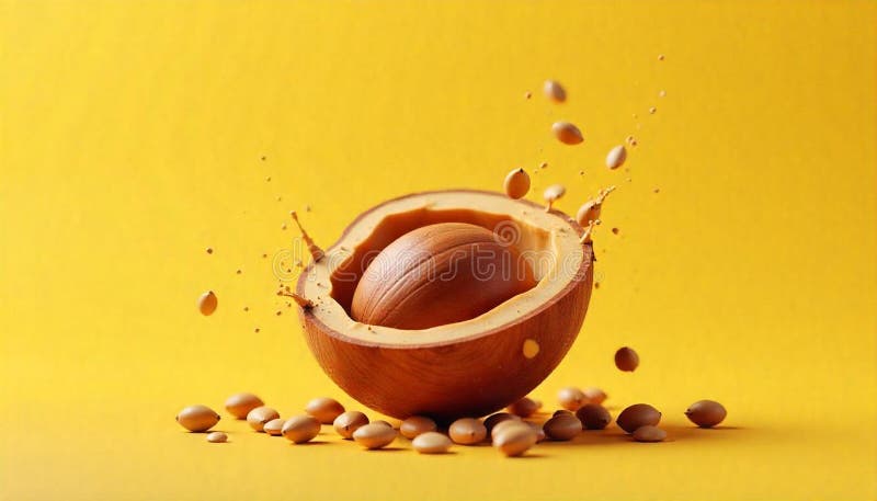 Halved Nut with Splashing Liquid on Bright Yellow Background Stock ...