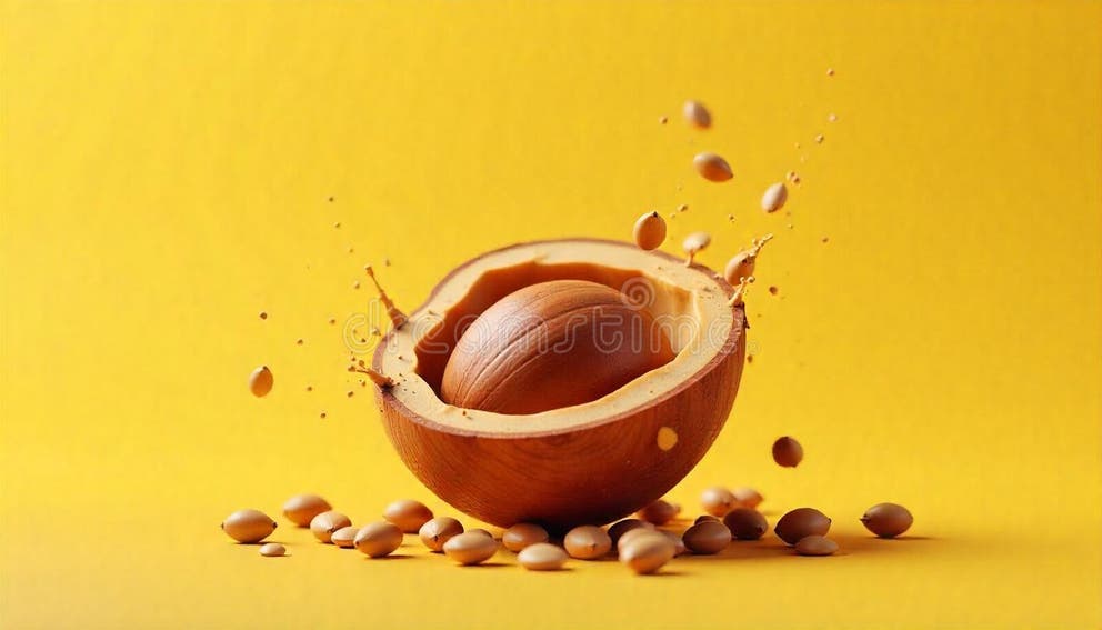 Halved Nut with Splashing Liquid on Bright Yellow Background Stock ...
