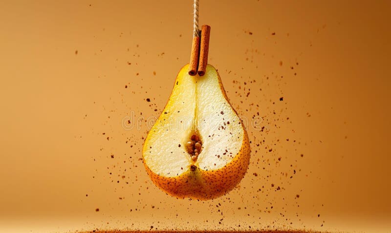 A Halved Pear with Cinnamon Sticks is Suspended in Mid-air, Surrounded ...