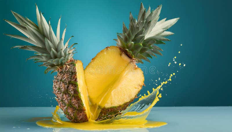 A Halved Pineapple with Its Top Falling Away is Splattered with Yellow ...