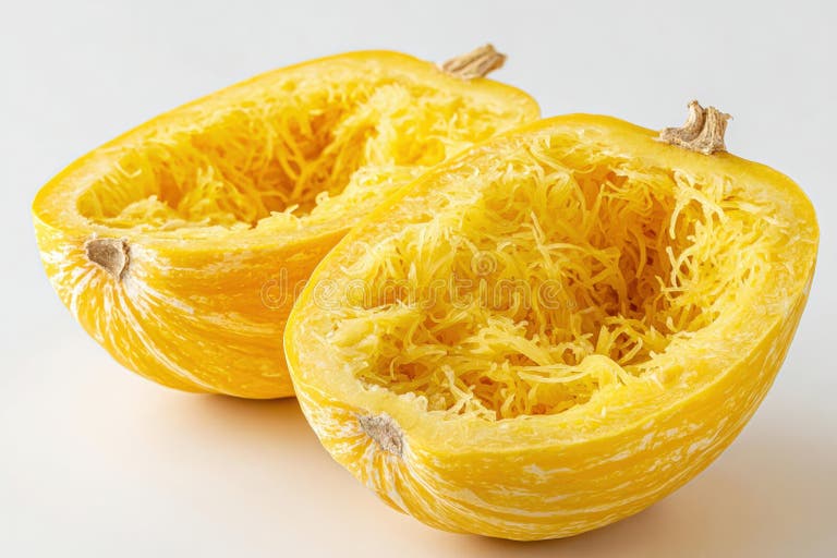 Halved Spaghetti Squash Showing Stringy Texture on White Surface Stock ...