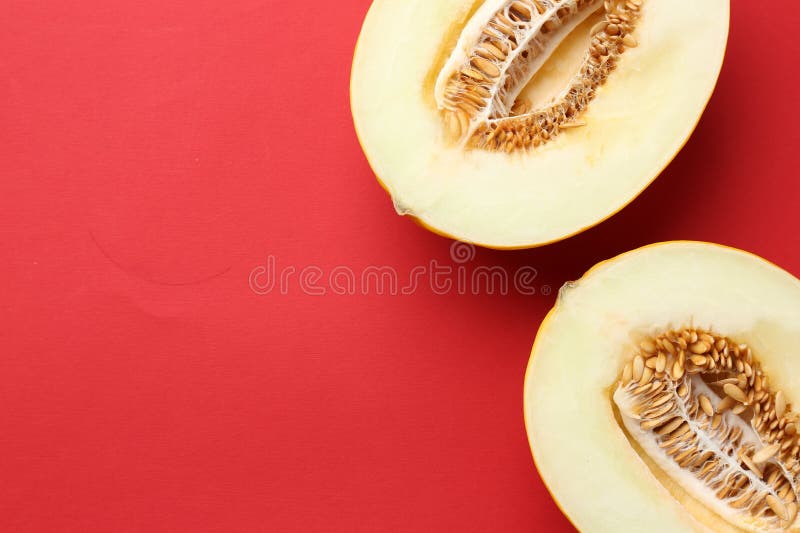 Halves Fresh Melon Red Background Top View Space Text Stock Photos ...