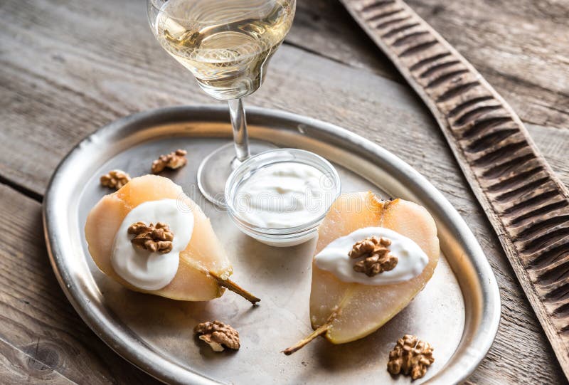 Halves of Poached Pear on the Vintage Tray Stock Image - Image of glass ...